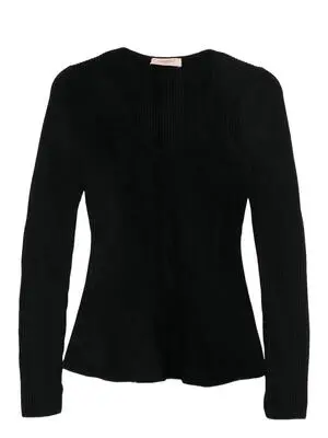 TWINSET V-neck Ribbed Knit Top - Black