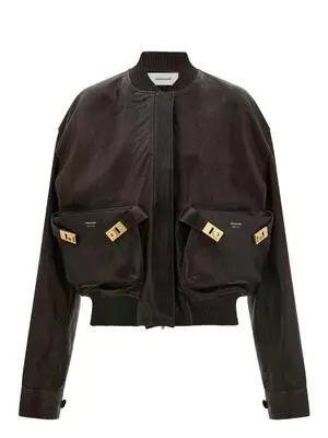 FERRAGAMO Ribbed Trim Patch-pocket Leather Bomber Jacket - Brown