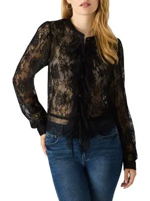 Steve Madden Sheer Lace Long Sleeve Shirt - Black
