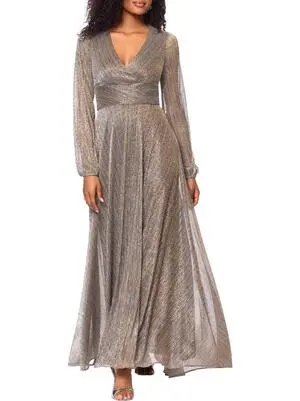 Betsy & Adam Metallic Wrap Bodice Long Sleeve Gown - Mocha/gold