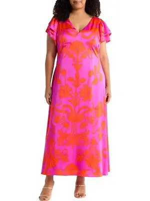 SUGARLIPS Vallie Floral Flutter Sleeve Satin Maxi Dress - Magenta-mul
