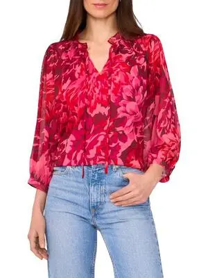 Vince Camuto Floral Tie-neck Blouse - Merlot Red