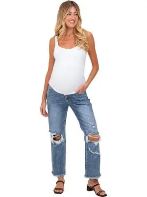 PINKBLUSH Ripped Knee Fringe Hem Straight Leg Maternity Ankle Jeans - Blue