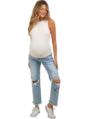 PINKBLUSH Ripped Knee Fringe Hem Straight Leg Maternity Ankle Jeans - Light Blue