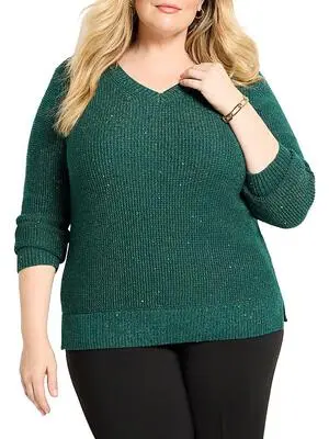 NIC+ZOE Shimmer Waffle V-neck Sweater - Pine
