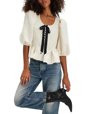 Free People Embroidered Bow Trim Top - White Alys