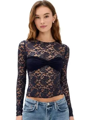 Lioness Floral Lace Long Sleeve Top - Jet Black