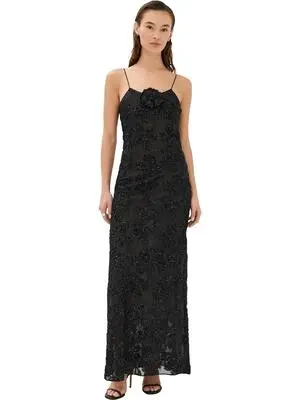 RODARTE Floral Sequin Embroidered Slip Gown With Silk Floral Pin - Black