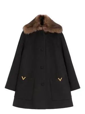 Valentino Garavani Wool Drap Coat With Shearling Collar And V Gold Detailing - Black