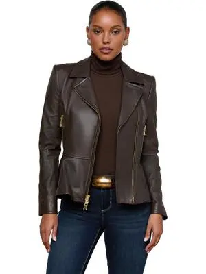 L'Agence Lyric Leather Peplum Jacket Chocolate