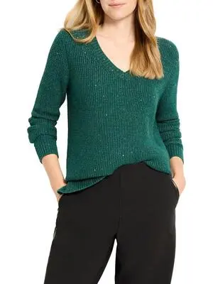 NIC+ZOE Shimmer V-neck Waffle Stitch Sweater - Pine