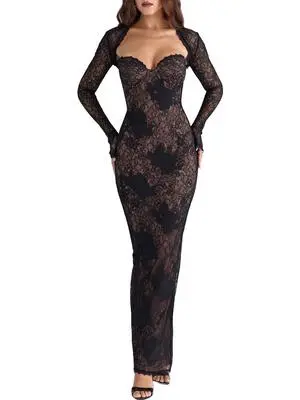 House Of Cb Lucienne Strapless Lace Gown With Bolero - Black