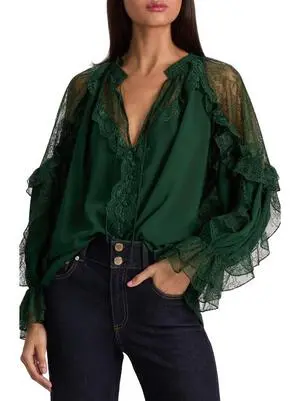 Alice + Olivia Aleena Lace Detail Button-up Shirt - Green Mystique