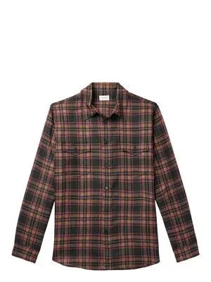 Saint Laurent Logo-embroidered Checked Wool-twill Shirt - Red