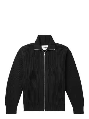 JIL SANDER Ribbed Wool Zip-up Cardigan - Black