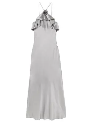 RODARTE Appliquéd Ruffled Silk-satin Halterneck Midi Dress - Silver