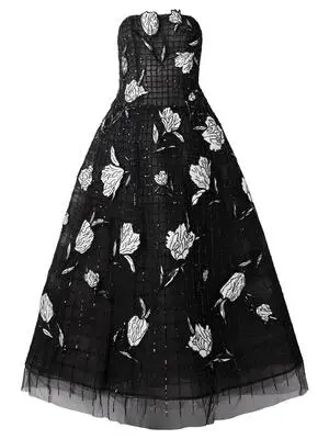 Carolina Herrera Strapless Appliquéd Embellished Tulle Gown - Black