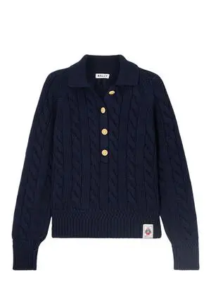 Bally Cable-Knit Wool Polo Sweater Navy