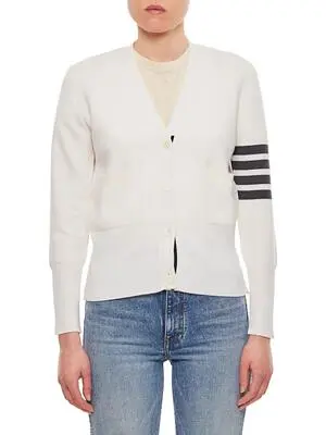 Thom Browne V-neck Cardigan With 4-bar Stripe - White