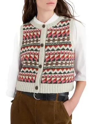 SEASALT CORNWALL Fair Isle Merino Wool Blend Sweater Vest - Knit Zig Zag Geo Aran Red Sail