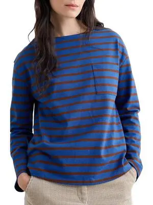 SEASALT CORNWALL Beach Stripe Organic Cotton Boat Neck Top - Breton Ink Cocoa