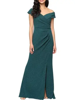 Alex Evenings Off-the-shoulder Metallic Jacquard Gown - Pine