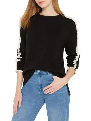 NIC+ZOE Ruffle Trim Cotton & Cashmere Blend Sweater - Black Onyx