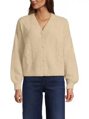 LANDS' END Fuzzy Eyelash Cable Cardigan Sweater - Champagne