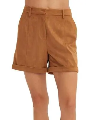 CRESCENT Suede Cuffed Hem High-waisted Shorts - Camel