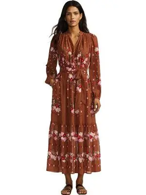 LANDS' END Chiffon Tiered Long Sleeve Maxi Dress - Rich Ginger Floral Stripe