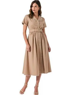 MODENAIRE Short Sleeve Collared Midi Shirt Dress With Pearl Details And Belt - Beige