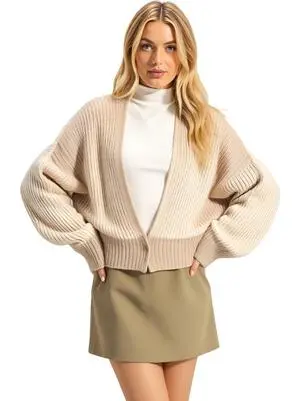 MODENAIRE Ribbed Knit Drop Shoulder Cardigan - Beige/cream
