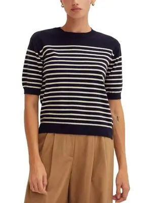 CRESCENT Striped Short Sleeve Sweater Top - Navy/ivory