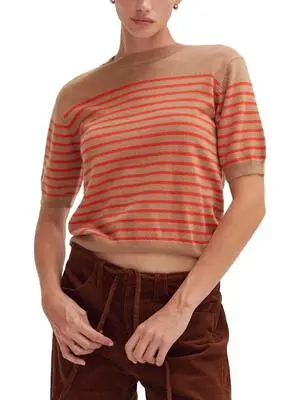 CRESCENT Striped Short Sleeve Sweater Top - Taupe/orange
