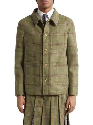 Thom Browne Plaid Wool Utility Shirt Jacket With Armbands - Green
