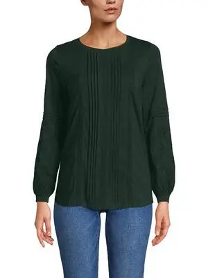 LANDS' END Lightweight Jersey Pintuck Lace Mix Top - Pine Valley