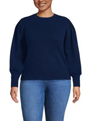 LANDS' END Drifter Puff Sleeve Crew Neck Sweater - Deep Sea Navy