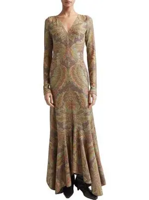 Etro Paisley Long Sleeve Terry Jersey Dress - Brown