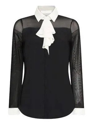 Anne Fontaine Long Sleeve Shirt With Mesh Sleeves And Ruffle Detail - Black