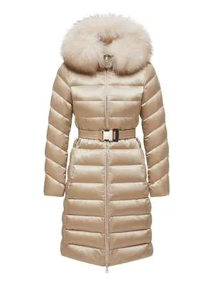 Moncler Leersie Hooded Shearling-trimmed Long Down Jacket - Beige