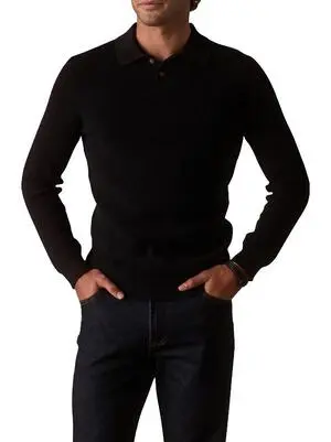 THE NORMAL BRAND Robles Long Sleeve Waffle Cotton Polo Sweater - Black