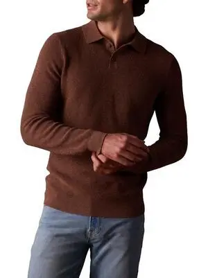 THE NORMAL BRAND Robles Long Sleeve Waffle Cotton Polo Sweater - Heather Brown
