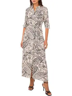 Vince Camuto Tie Belt Roll Tab Sleeve Maxi Shirtdress - Rich Black/ivory