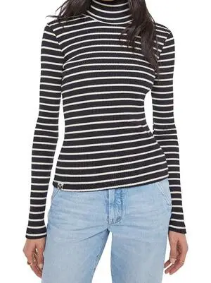MOTHER Long Sleeve Mock Neck Top - Black And White Stripe