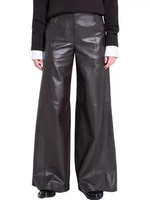 TWP Demie Topstitch Wide Leg Leather Trousers - Chocolate