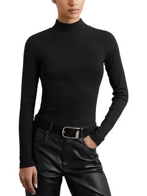 REISS Polly Ribbed Funnel Neck Top - Black