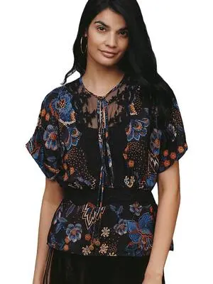 Farm Rio Sheer Lace Relaxed Blouse - Snakes Bouquet Black