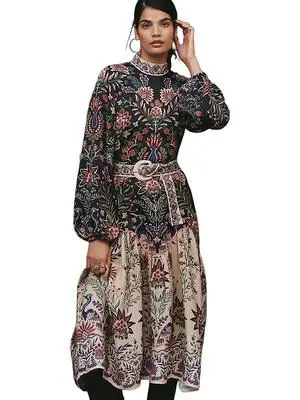 Farm Rio High-neck Long-sleeve Midi Dress - Multi Floral