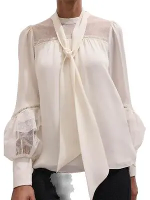 ME+EM Silk And Lace Tie Neck Top - Light Cream