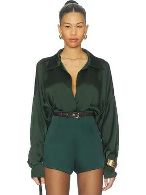 Norma Kamali Super Oversized Boyfriend Shirt Bodysuit Dark Emerald